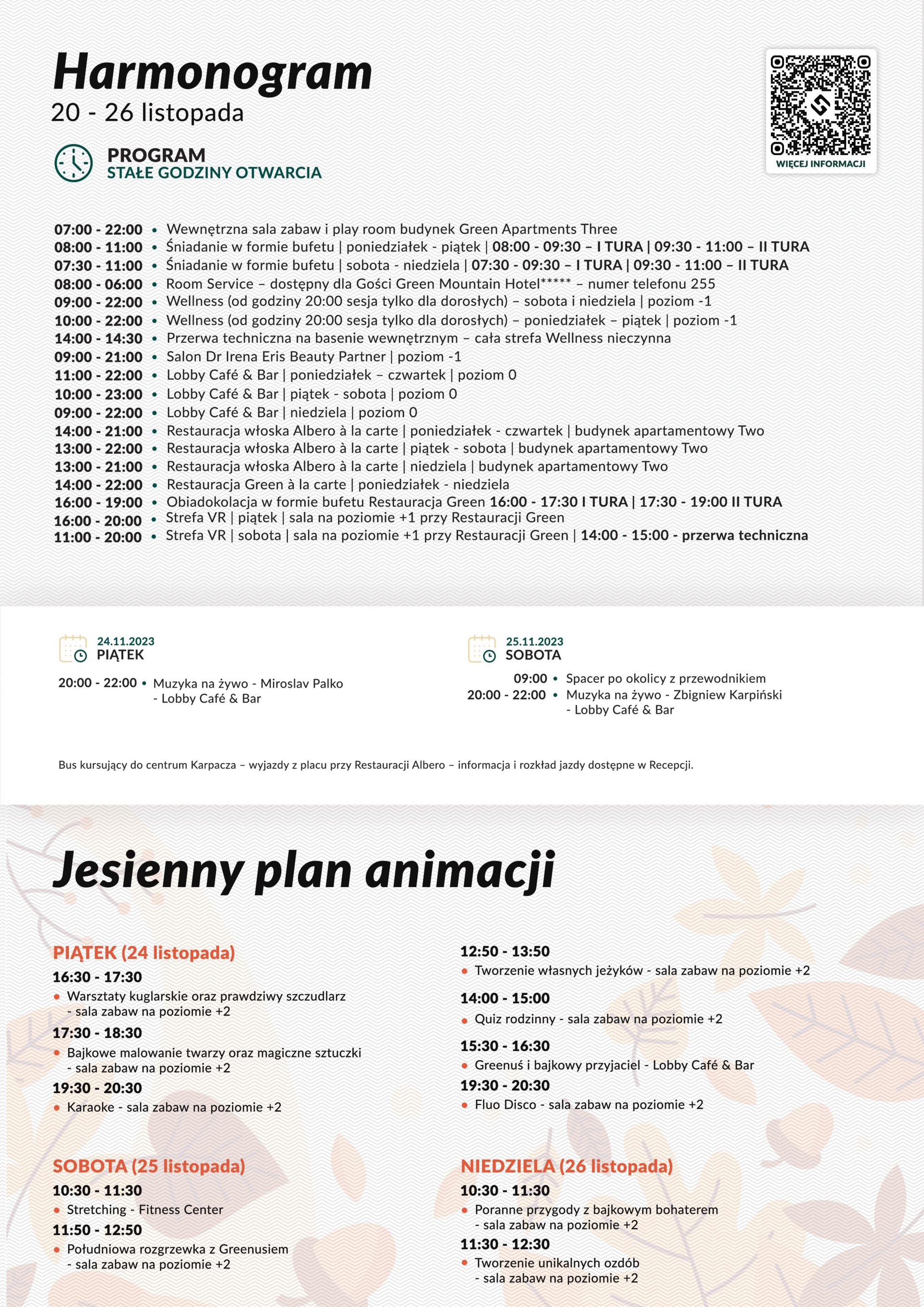 Harmonogram atrakcji | Green Mountain Hotel